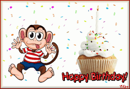 Animated Monkey Happy Birthday Cupcake Confetti GIF | GIFDB.com