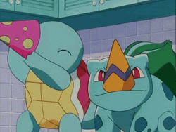 Bulbasaur And Squirtle Playing With Birthday Hat GIF | GIFDB.com
