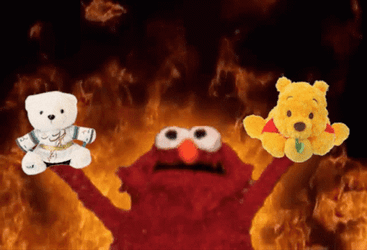 Elmo Fire Holding Two Teddy Bears GIF | GIFDB.com