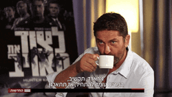 Gerard Butler Interview Drinking Coffee GIF | GIFDB.com