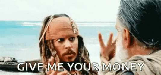 Just Give Me My Money Captain Jack Sparrow GIF | GIFDB.com